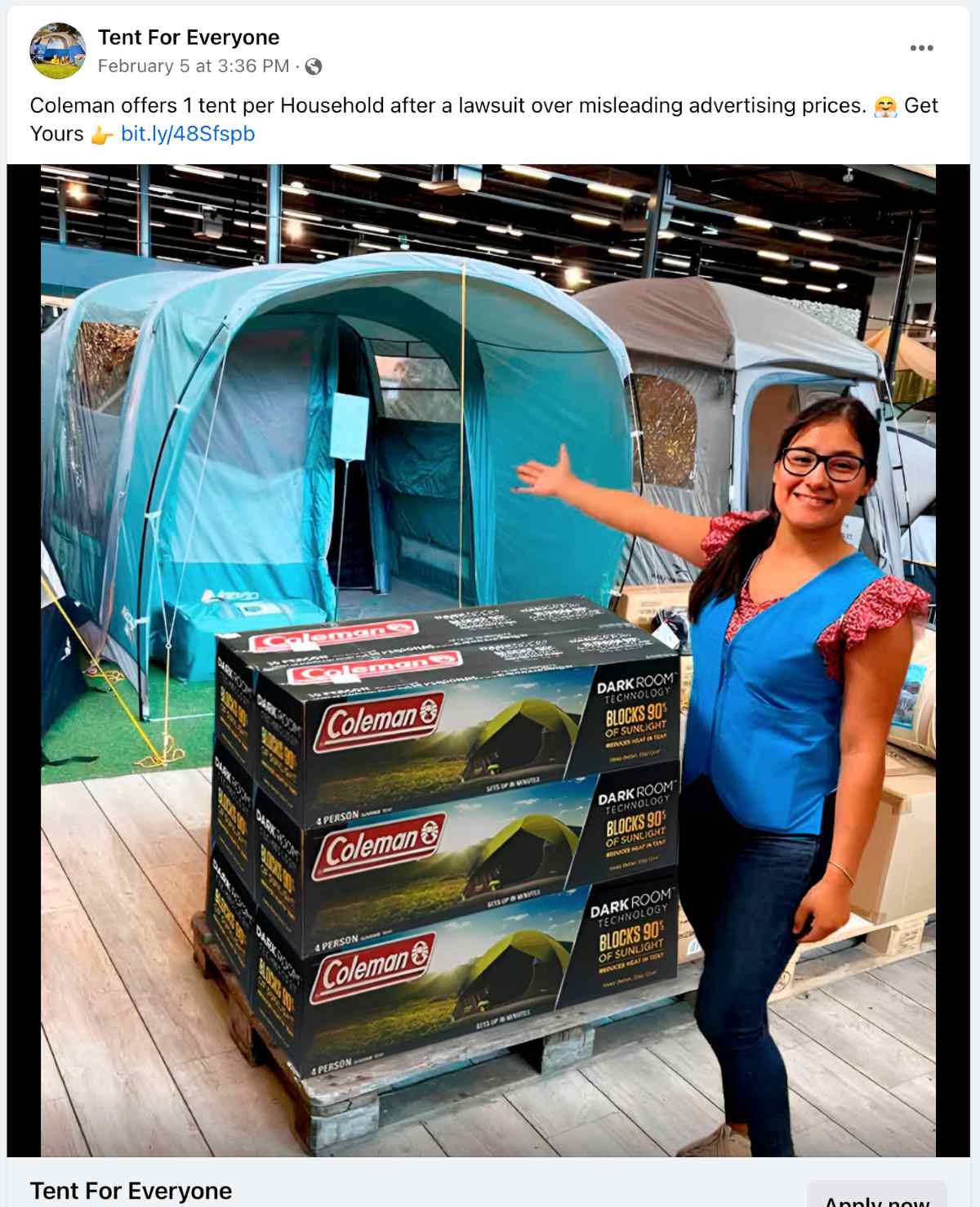 Coleman Offers 1 Tent Per Household Scam Post On Facebook